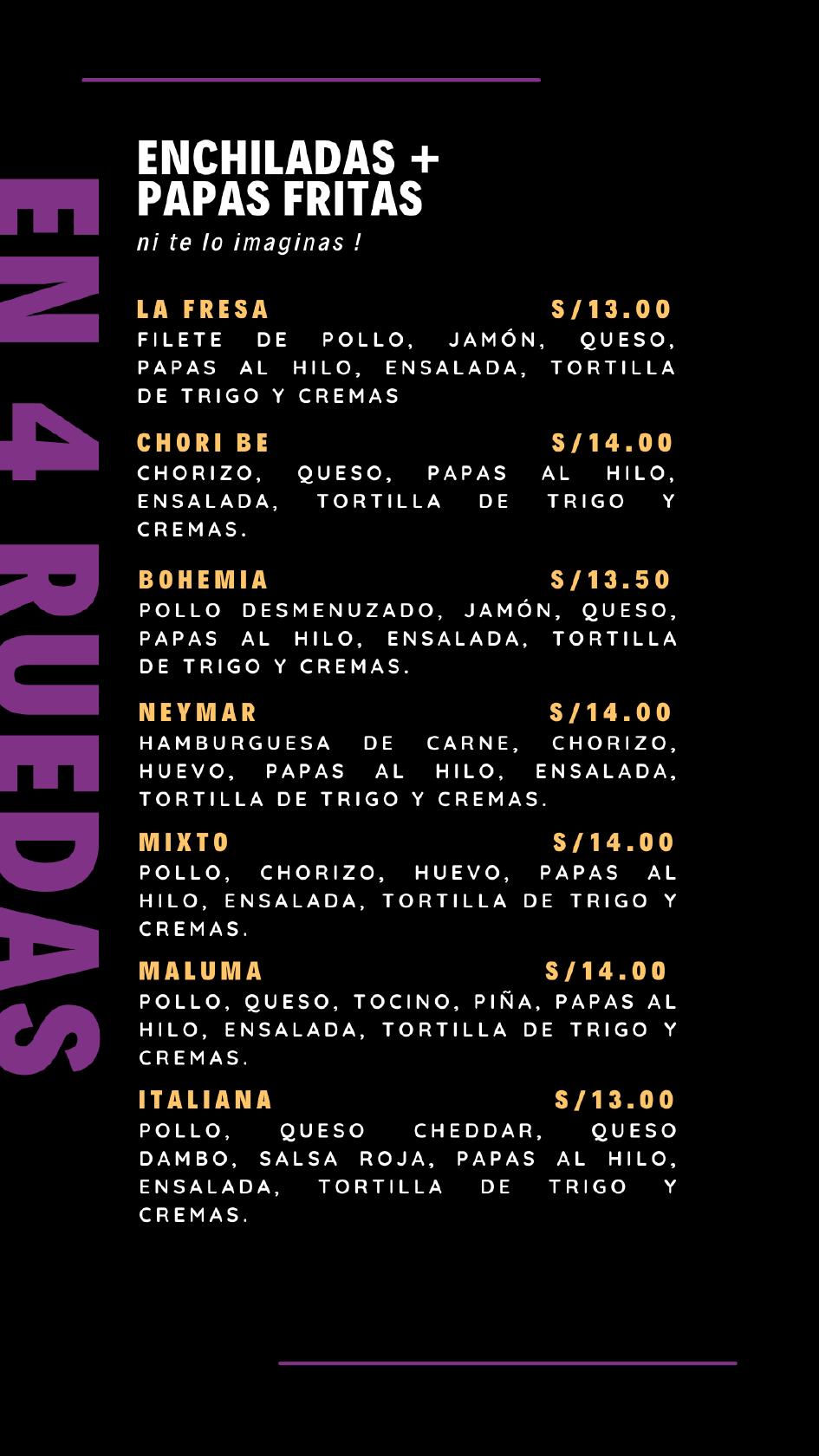 Menu at En 4 Ruedas Comida Rapida restaurant, Rimac