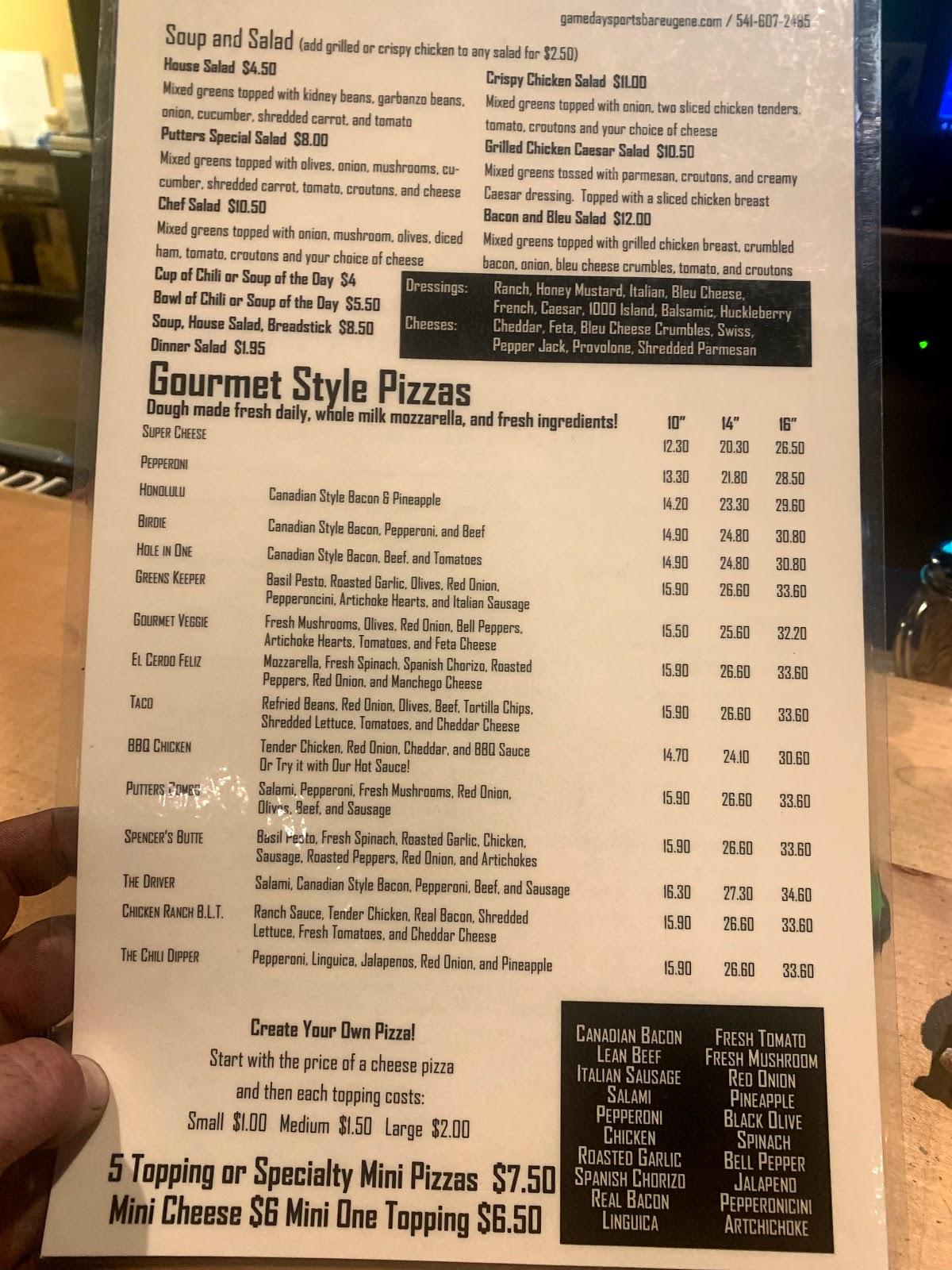 Menu at Game Day Sports Bar, Eugene