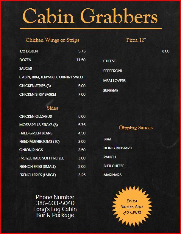 Menu at Long's Log Cabin Bar & Package, Welaka