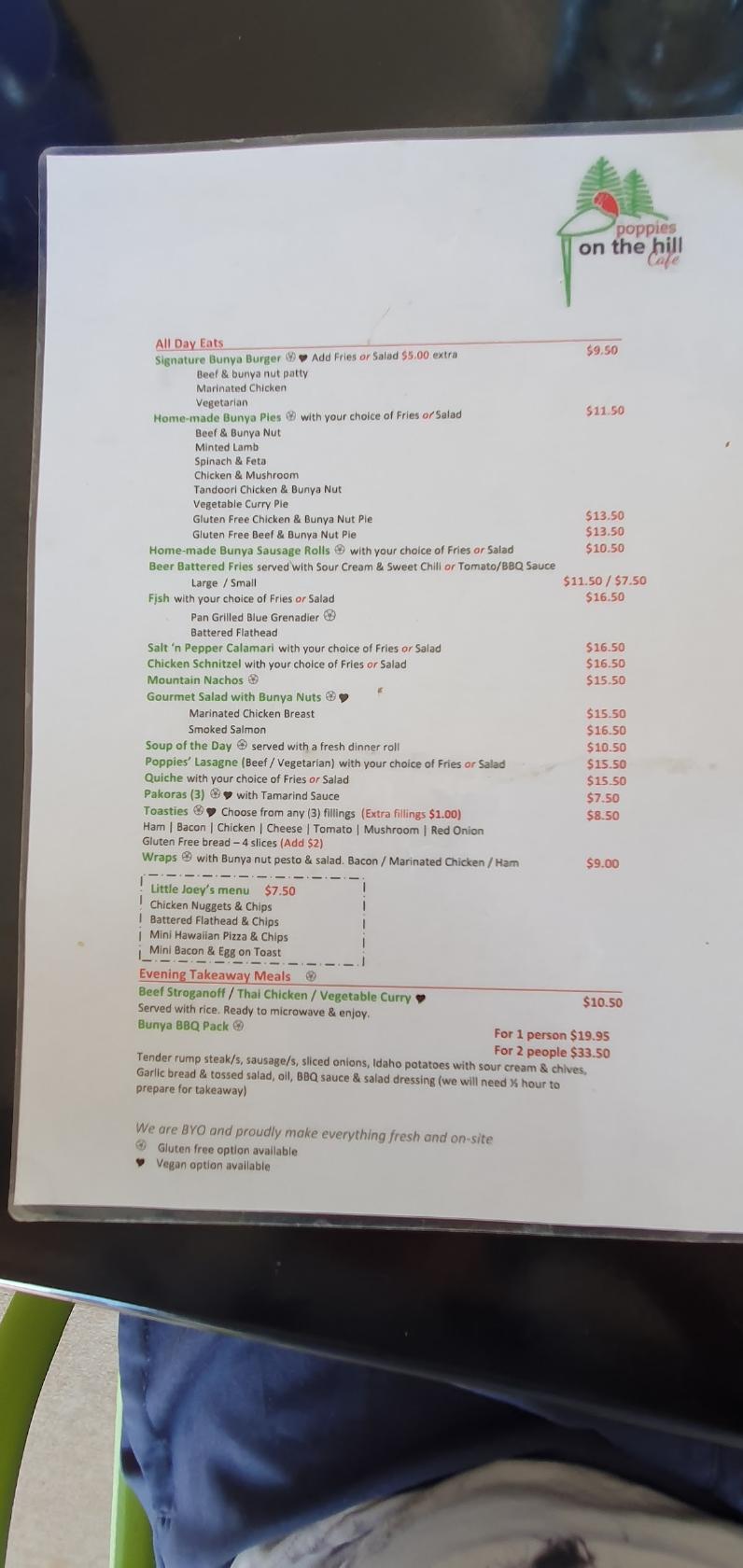 Menu at Poppies on the hill cafe, Bunya Mountains