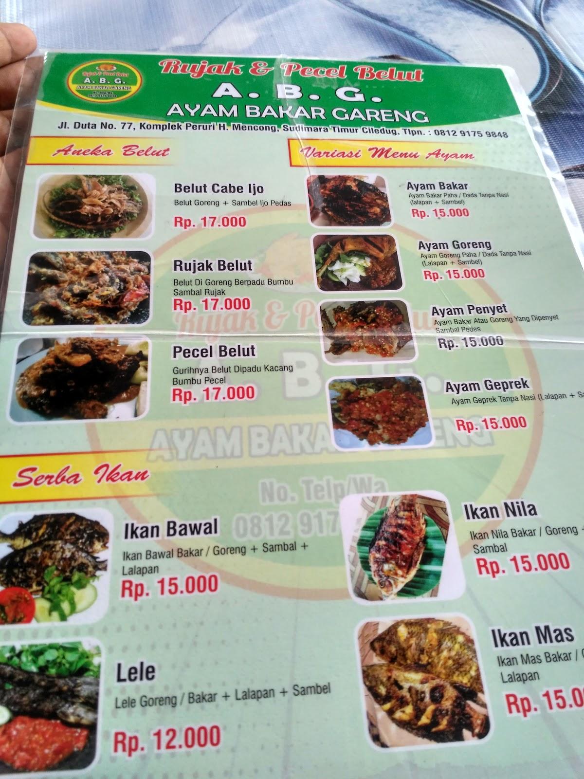 Menu at Rujak & Pecel Belut ABG (Ayam Bakar Gareng) restaurant, Tangerang
