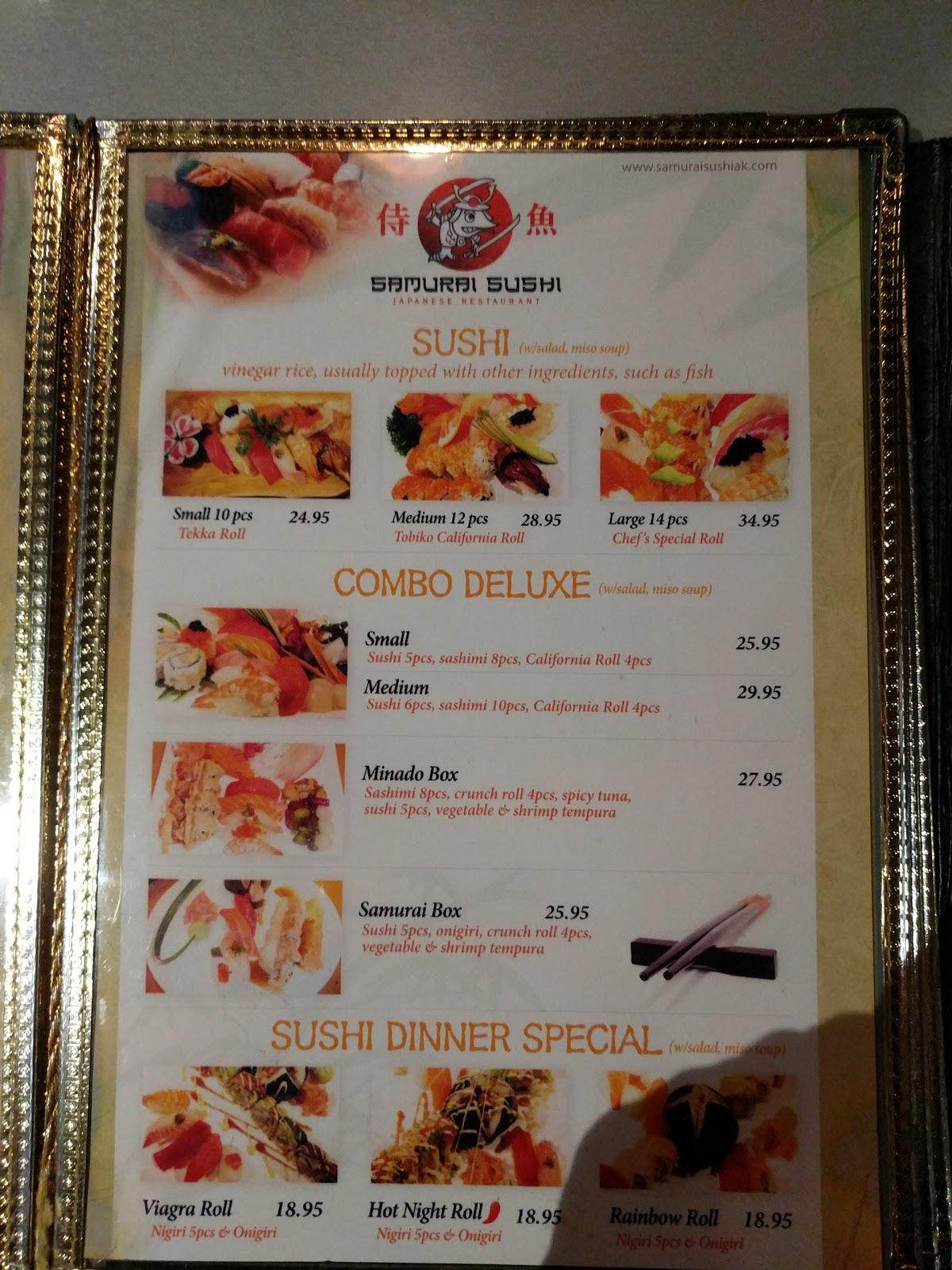 Menu at Samurai Sushi restaurant, Anchorage