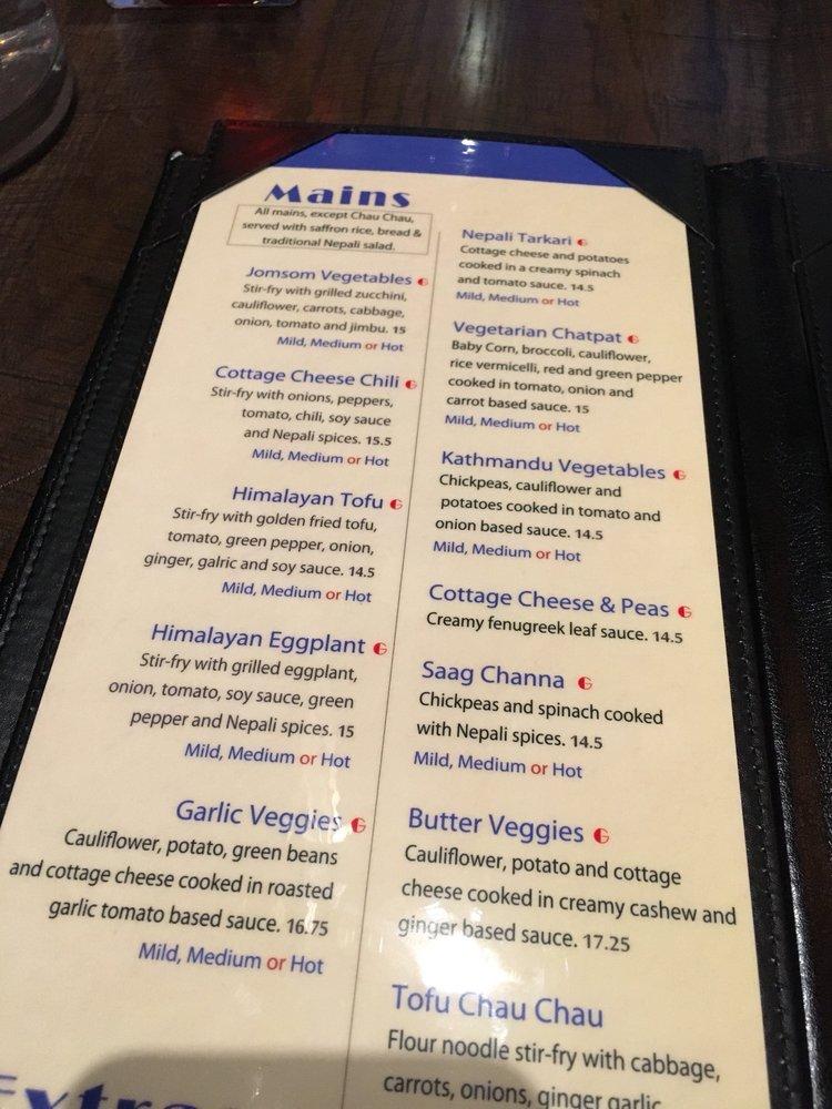 Menu at The Himalayan restaurant, Calgary