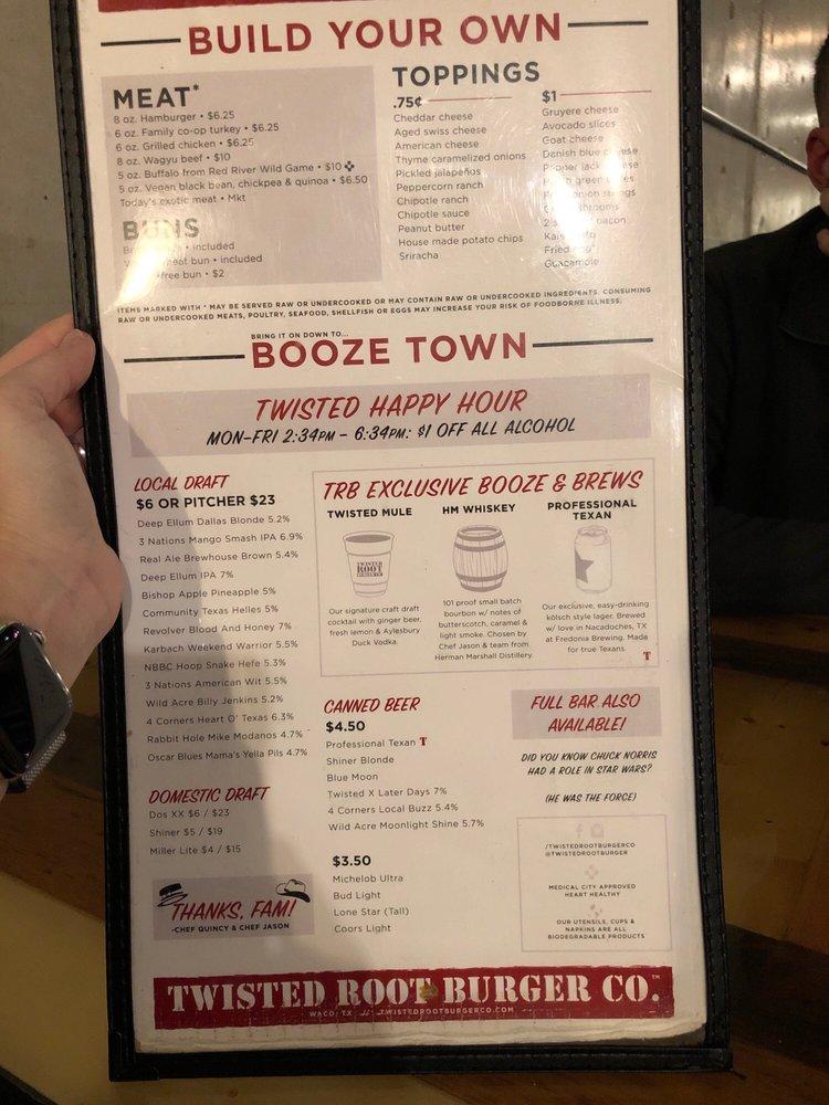 Menu at Twisted Root Burger Co. restaurant, Waco