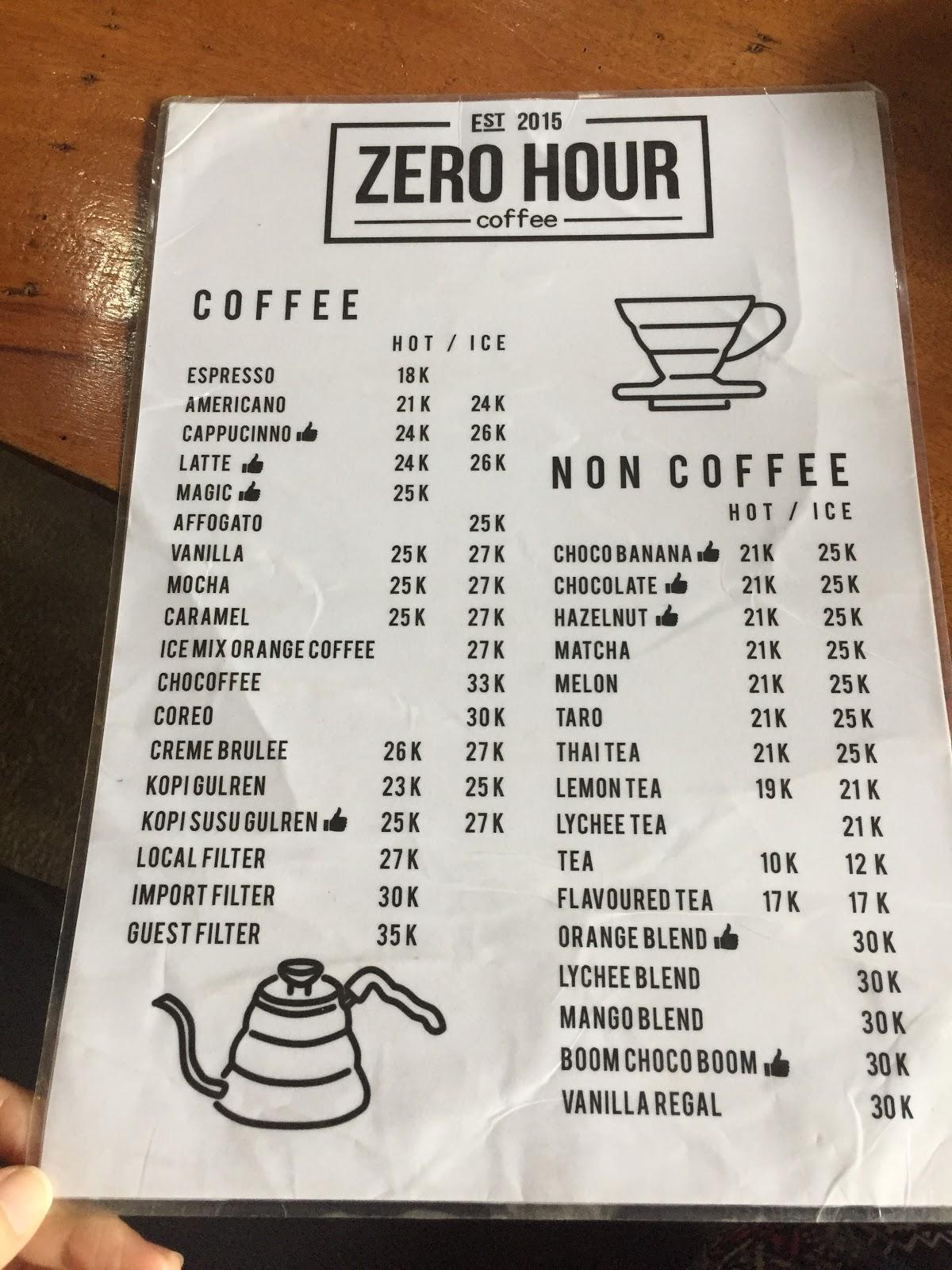 Menu at Zero Hour Coffee, Bandung, Jl. Terusan Martanegara No.20