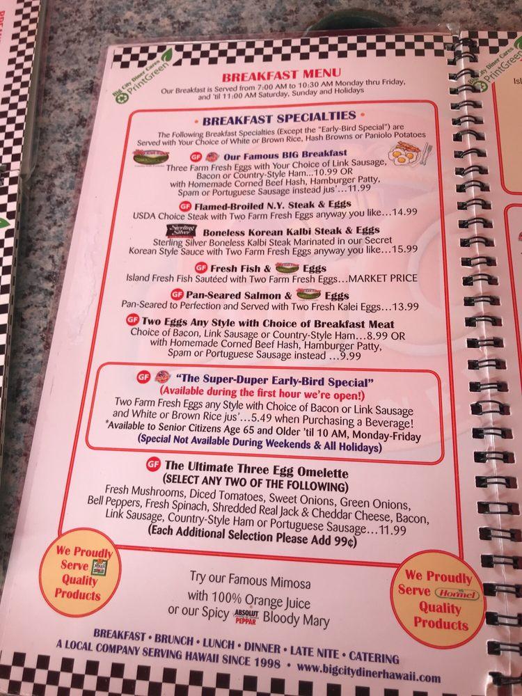 Menu at Big City Diner restaurant, Waipahu, 94-800 Ukeʻe Street #305