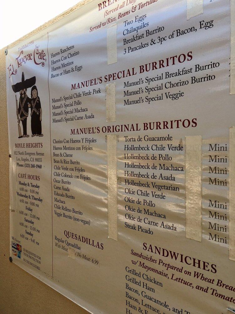 Menu at El Tepeyac Cafe, Los Angeles, 812 N Evergreen Ave