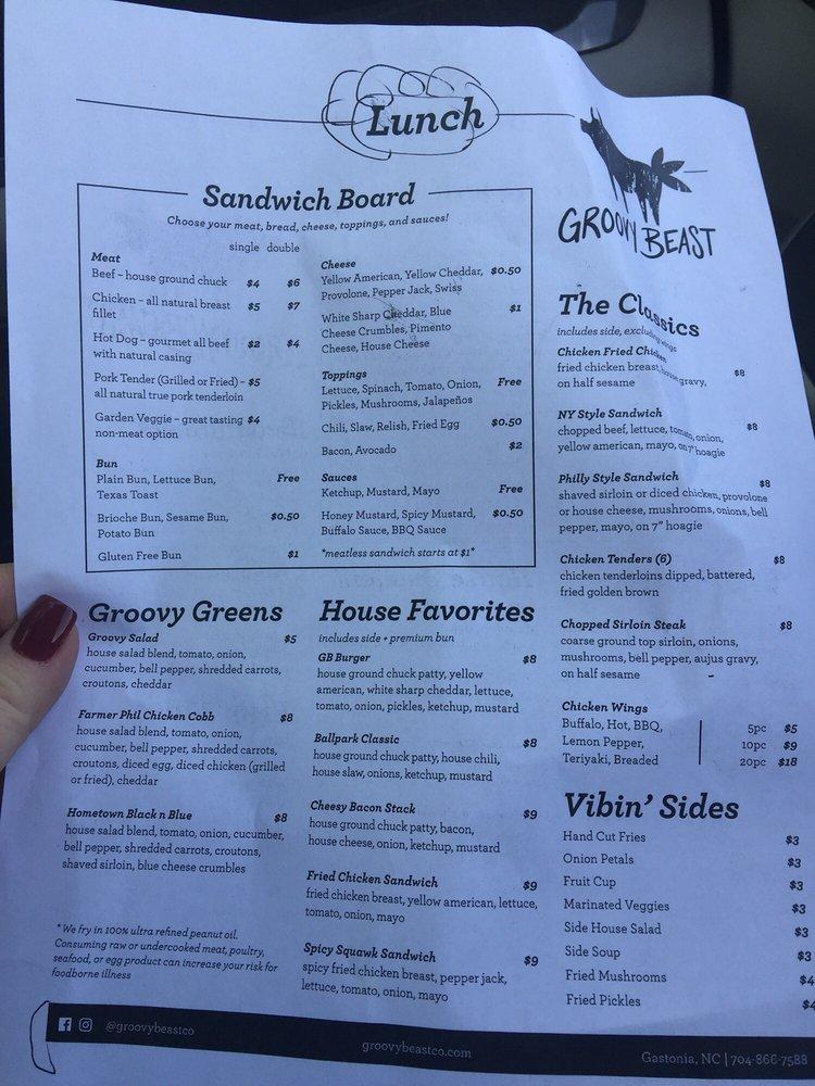 Menu at Groovy Beast restaurant, Gastonia