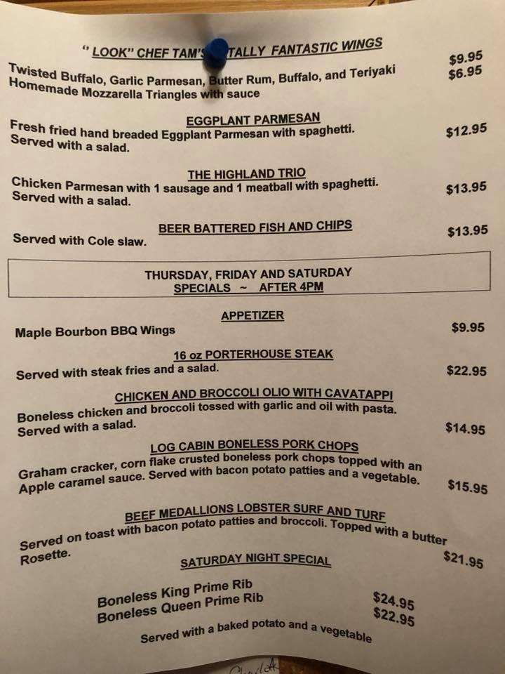 Menu at Highland restaurant, Pittsfield
