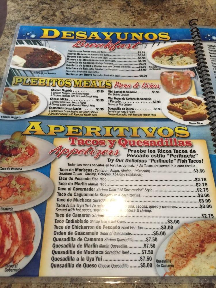 Menu at Mariscos El Perihuete restaurant, Paramount, Paramount Blvd