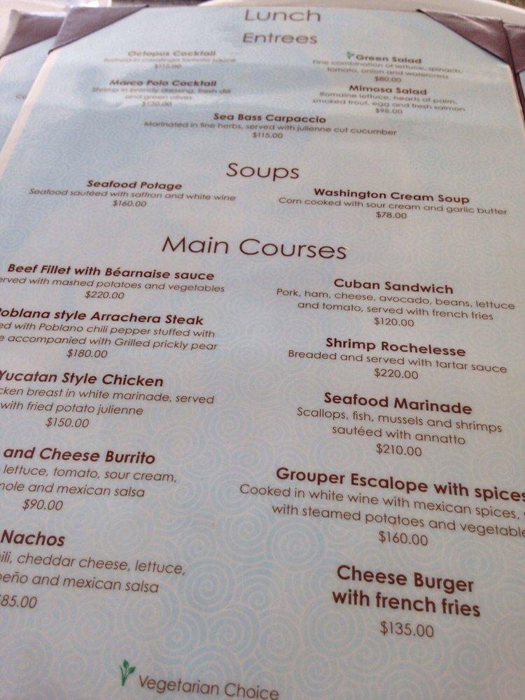 Menu at PELICANOS restaurant, Playa del Carmen, MZA