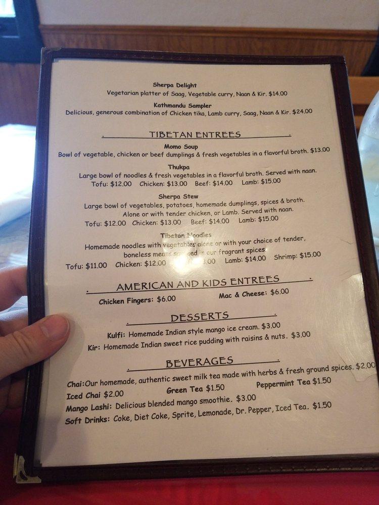 Menu at Sherpa Cafe, Gunnison