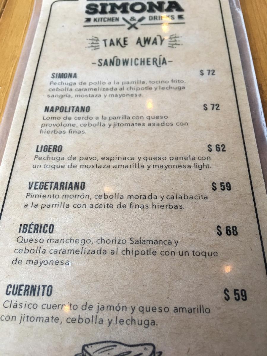 Carta del pub y bar Simona Kitchen & Drinks, Mexico