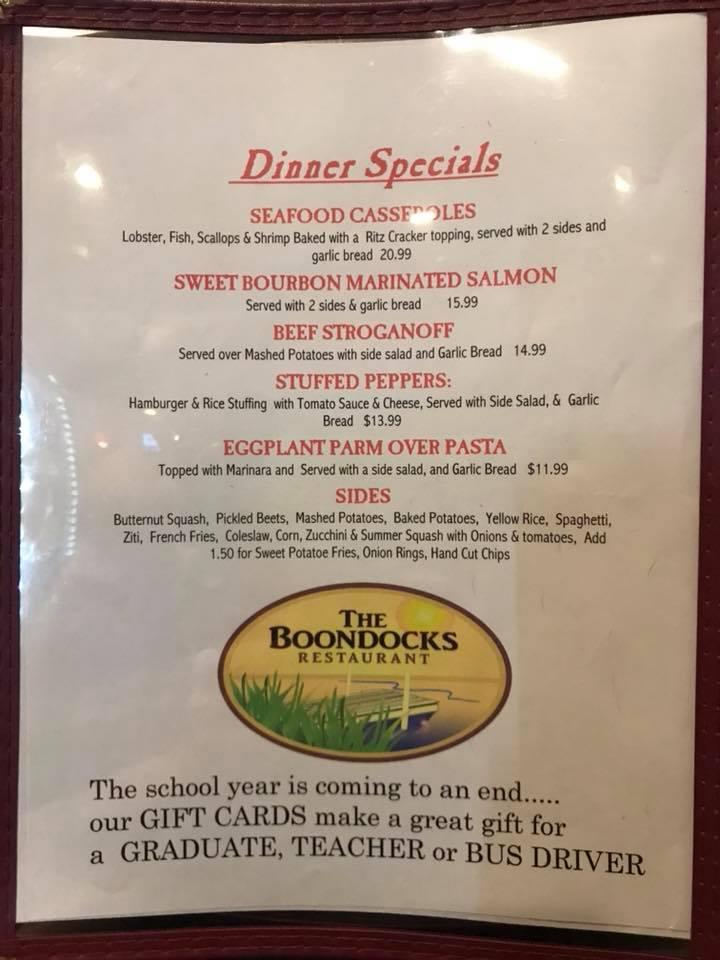 Menu at The Boondocks restaurant, Berkley