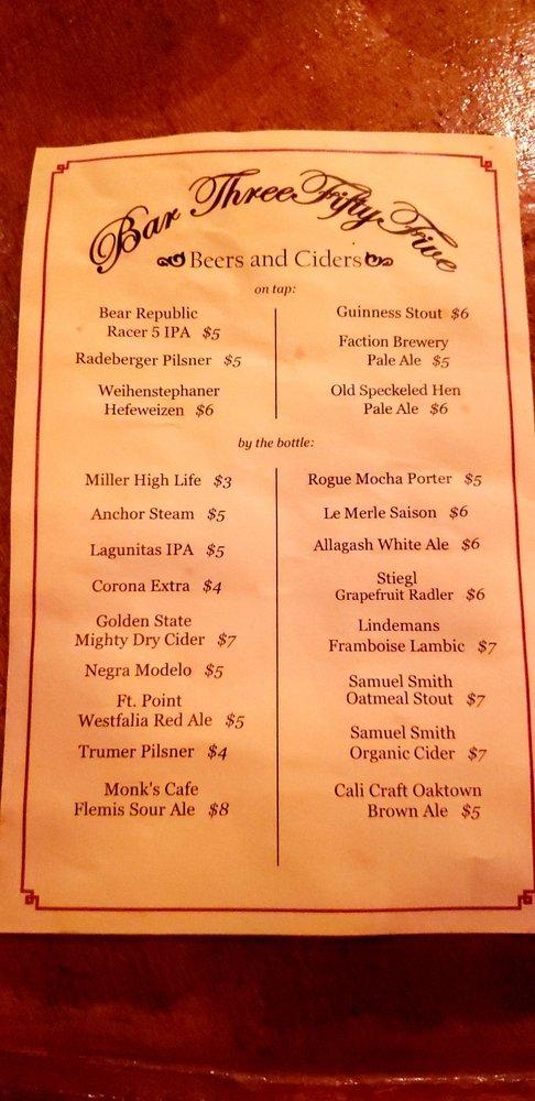 Menu at Bar 355, Oakland