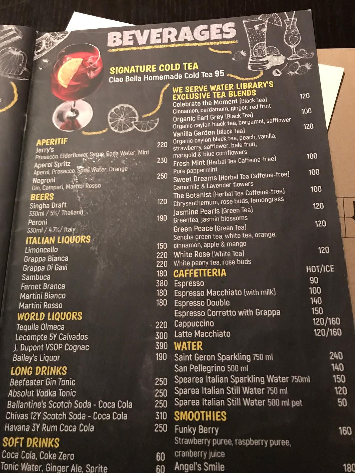Menu at Ciao Pizza restaurant, Bangkok, The Crystal Veranda