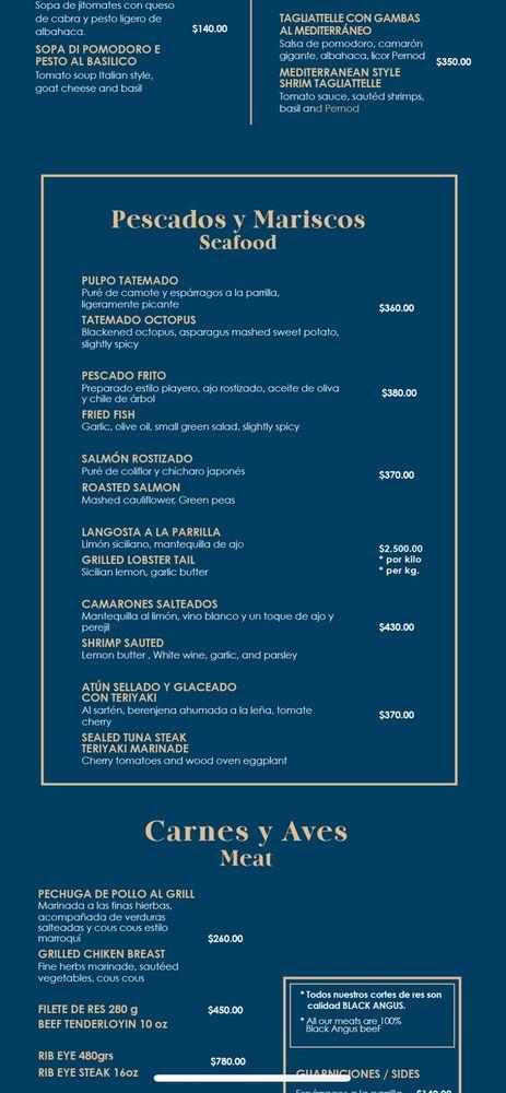 Menu at El Faro restaurant, Ixtapa, Colina de las Palomas