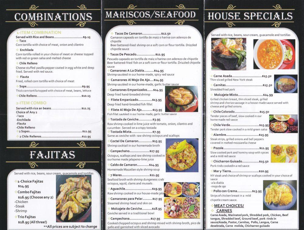 Menu at El Tesoro Mazatlan restaurant, Vallejo