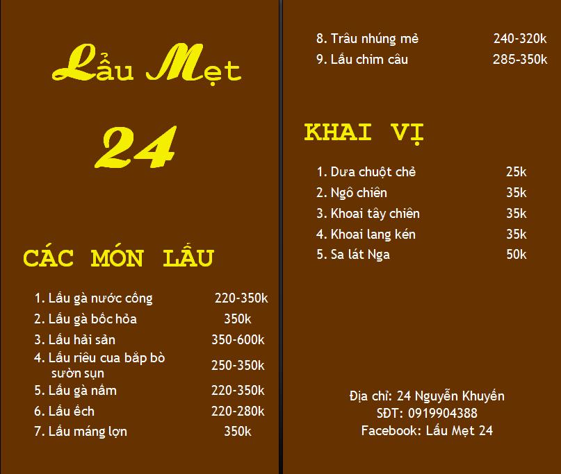 Menu at Lẩu Mẹt 24 restaurant, Hanoi