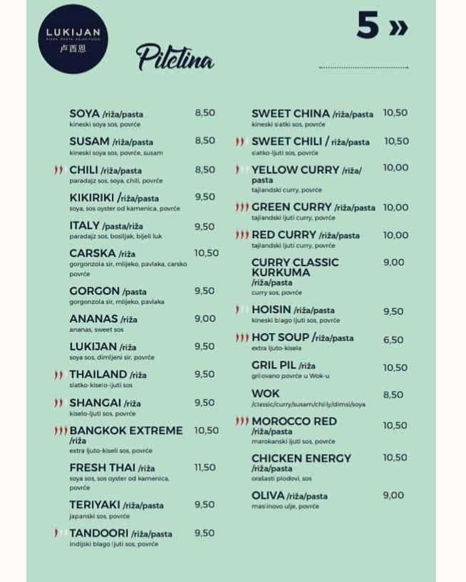Menu at Lukijan Asian food restaurant, Banja Luka