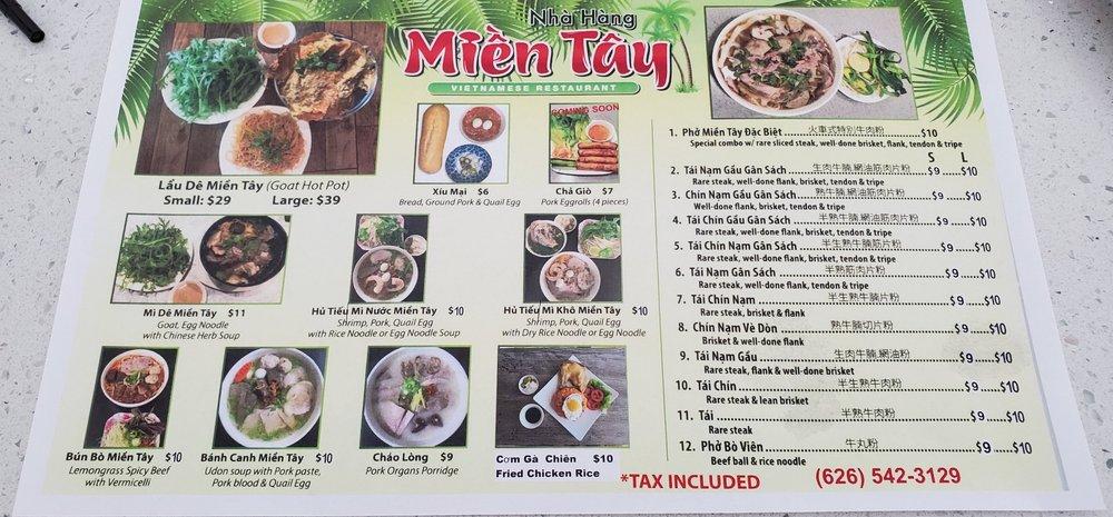 Menu at Mien Tay Restaurant, El Monte