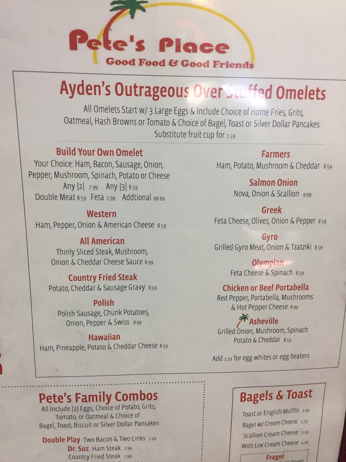 Menu at Pete's Place restaurant, West Palm Beach, N Jog Rd