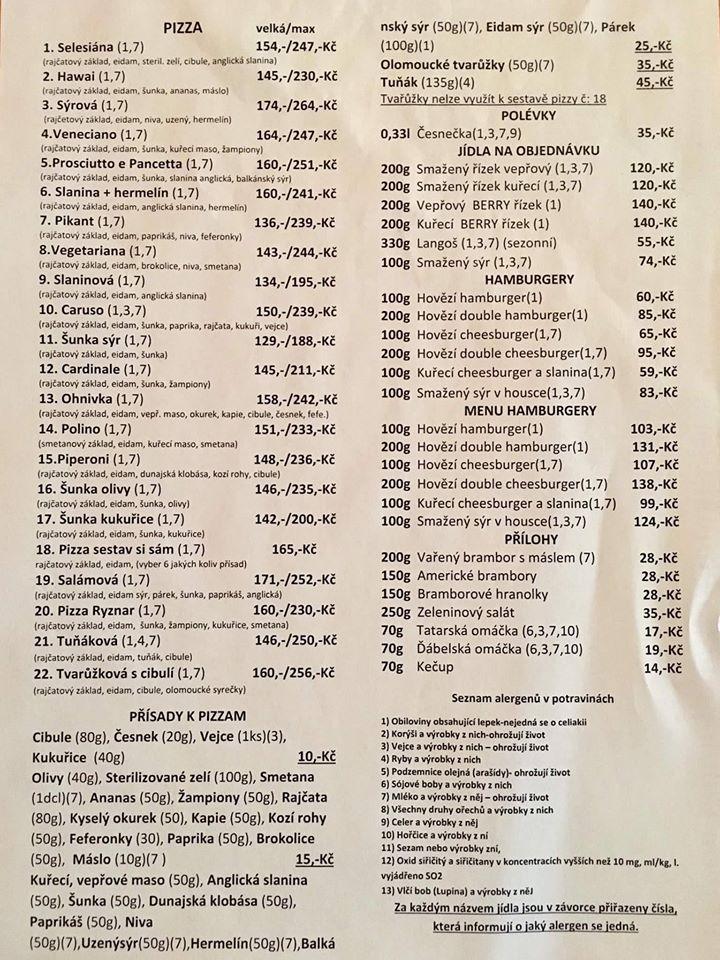 Menu at Pizzerie Ryznar pizzeria, Petřvald