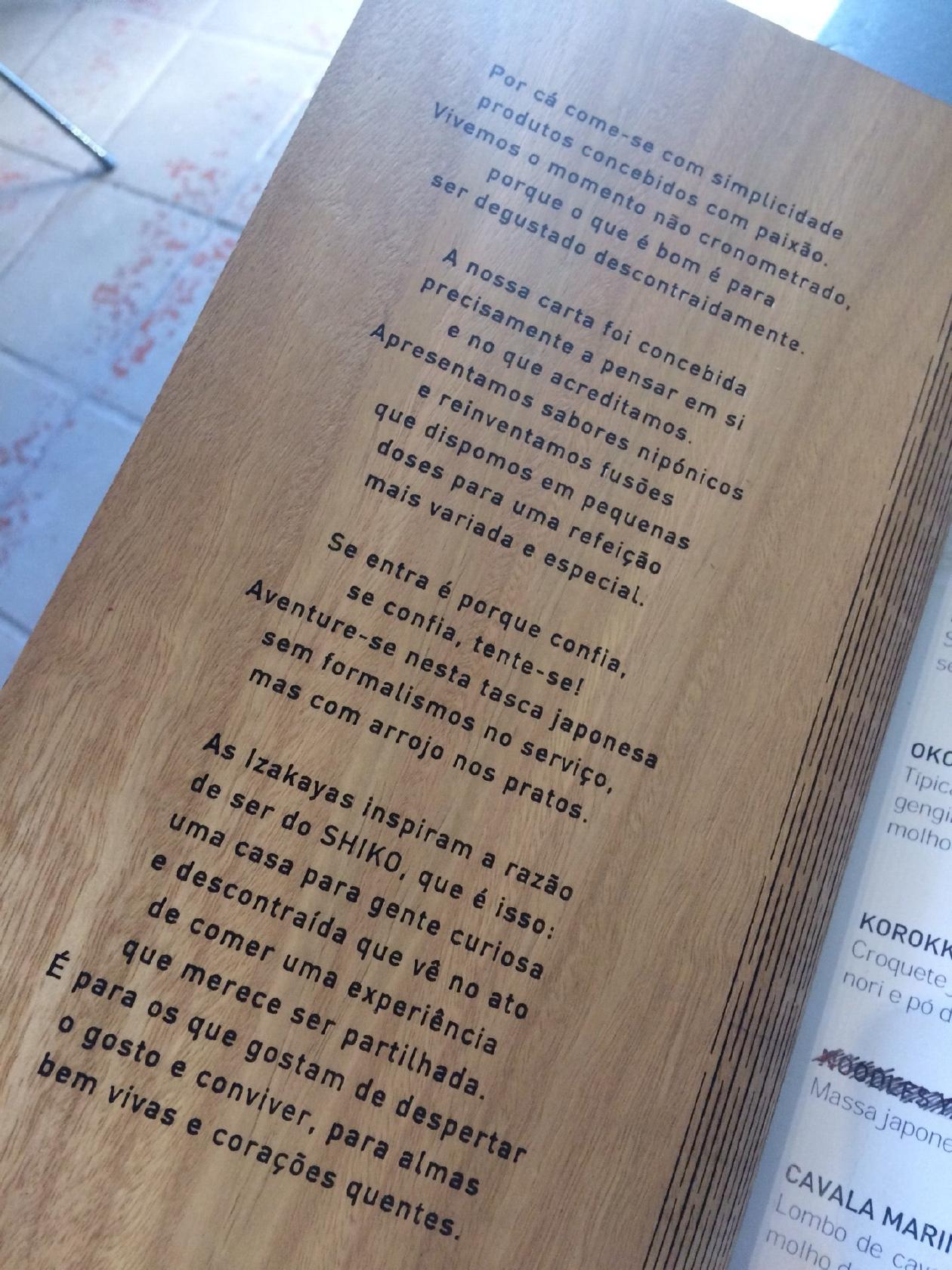 Menu at SHIKO - TASCA JAPONESA restaurant, Porto