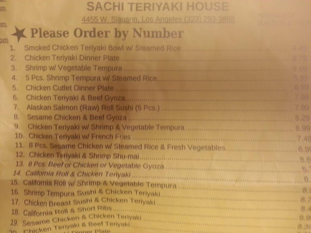 Menu at Sachi Teriyaki House restaurant, Los Angeles