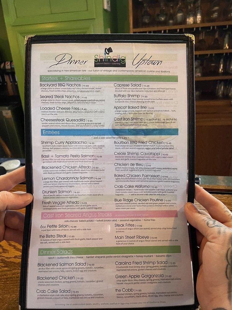 Menu at Shindig Uptown Bistro + Catering pub & bar, Martinsville