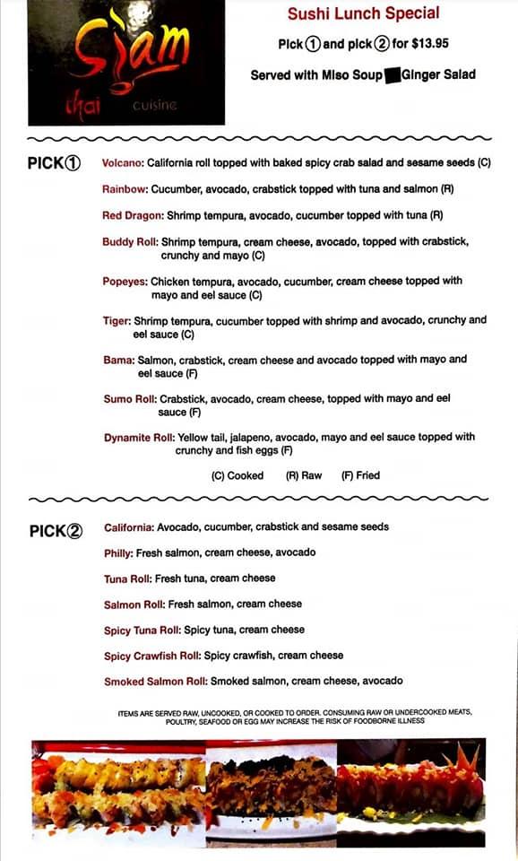 Menu at Siam Thai Cuisine restaurant, Mobile
