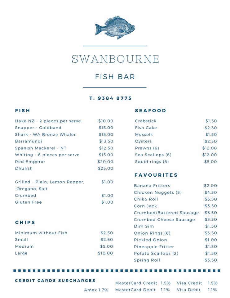 Menu at Swanbourne Fish Bar, Swanbourne, 111 Claremont Cres