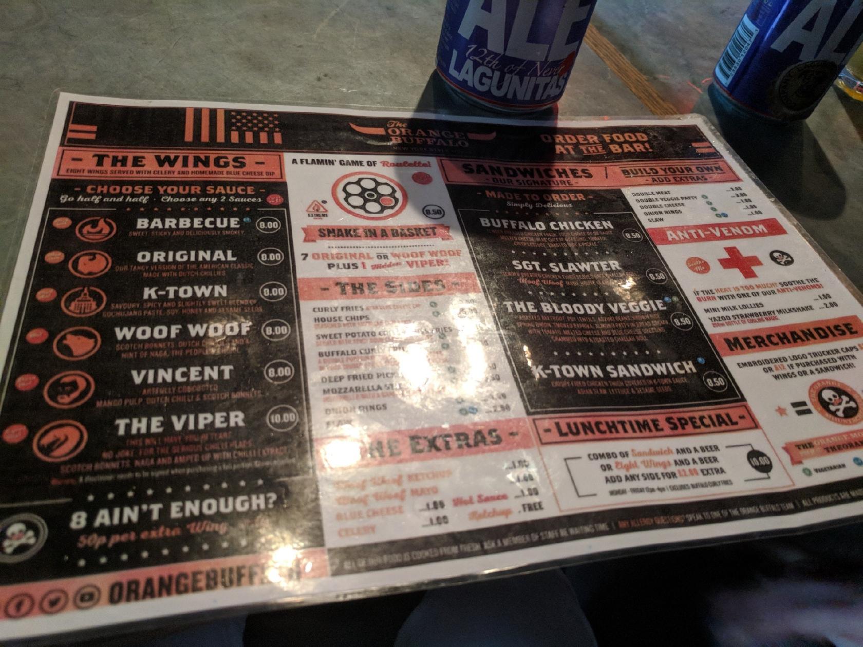 Menu at The Orange Buffalo restaurant, London, Colours of Hoxton