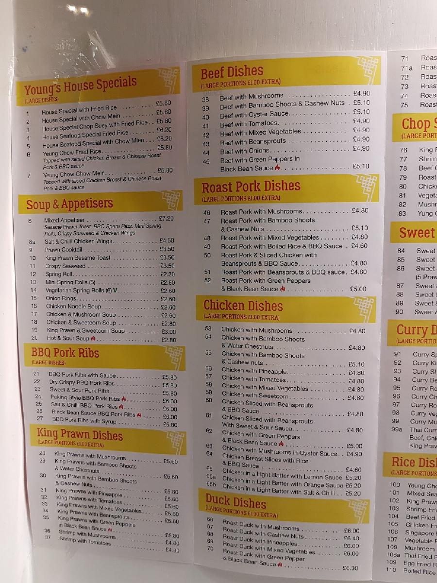 Menu at Youngs Chinese fast food, Great Yarmouth