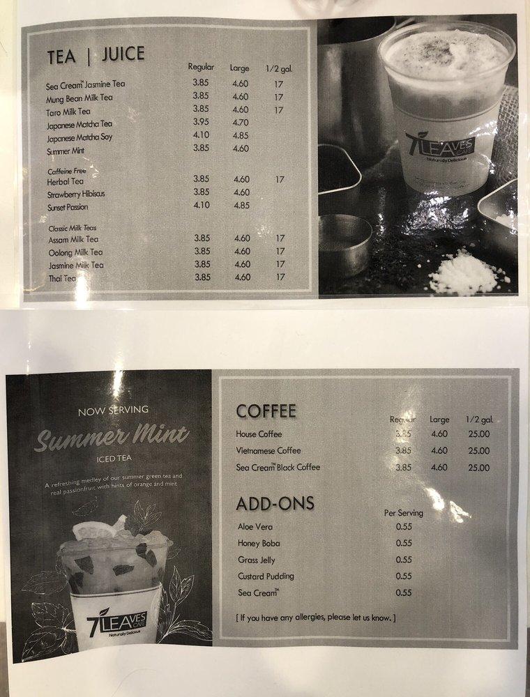 Menu at 7 Leaves Cafe - Tea Shop, Milk Tea, Best Boba Tea - Las Vegas ...