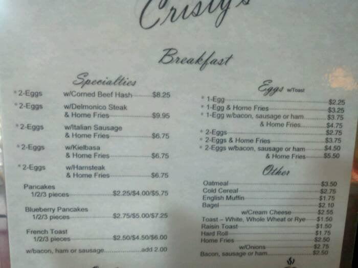 Menu at Cristy's Restaurant, Westbrook