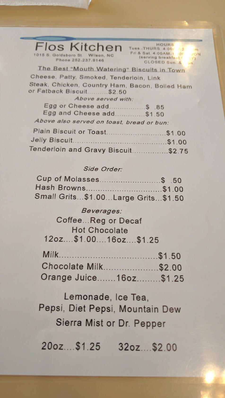 Carta del restaurante Flo's Kitchen, Wilson