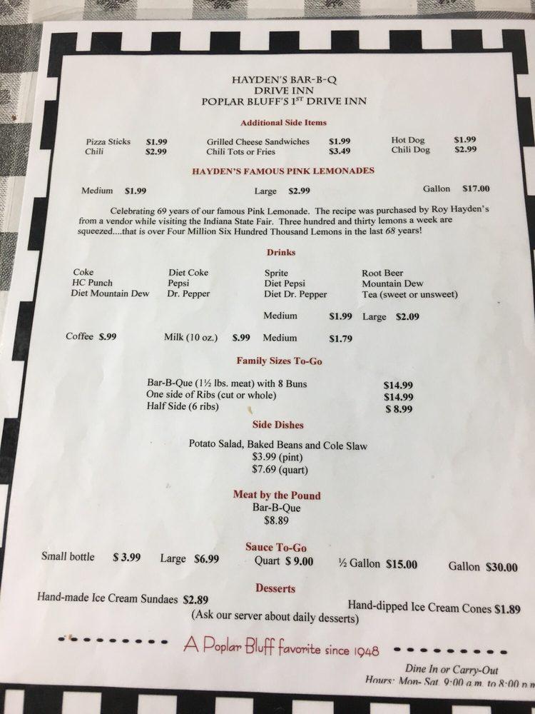 Menu at Hayden Drive-In BBQ, Poplar Bluff