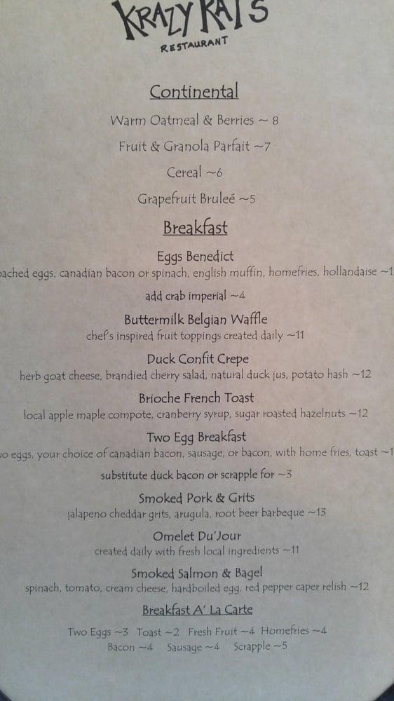 Menu at Krazy Kat's restaurant, Wilmington