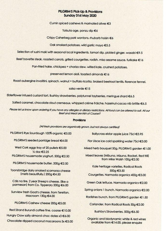 Menu at PILGRIM'S Restaurant, Rosscarbery