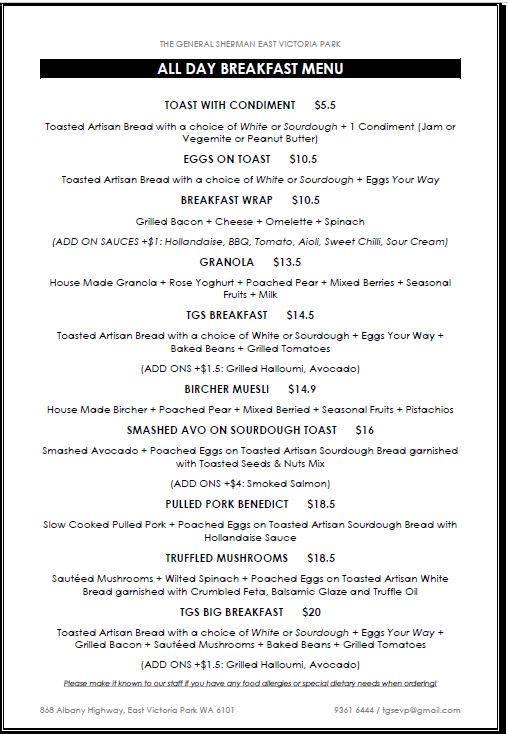 Menu at The General Sherman restaurant, East Victoria Park