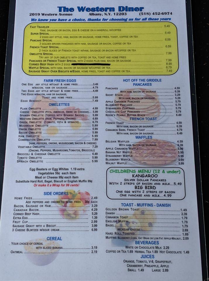 Menu at Western Diner restaurant, Albany