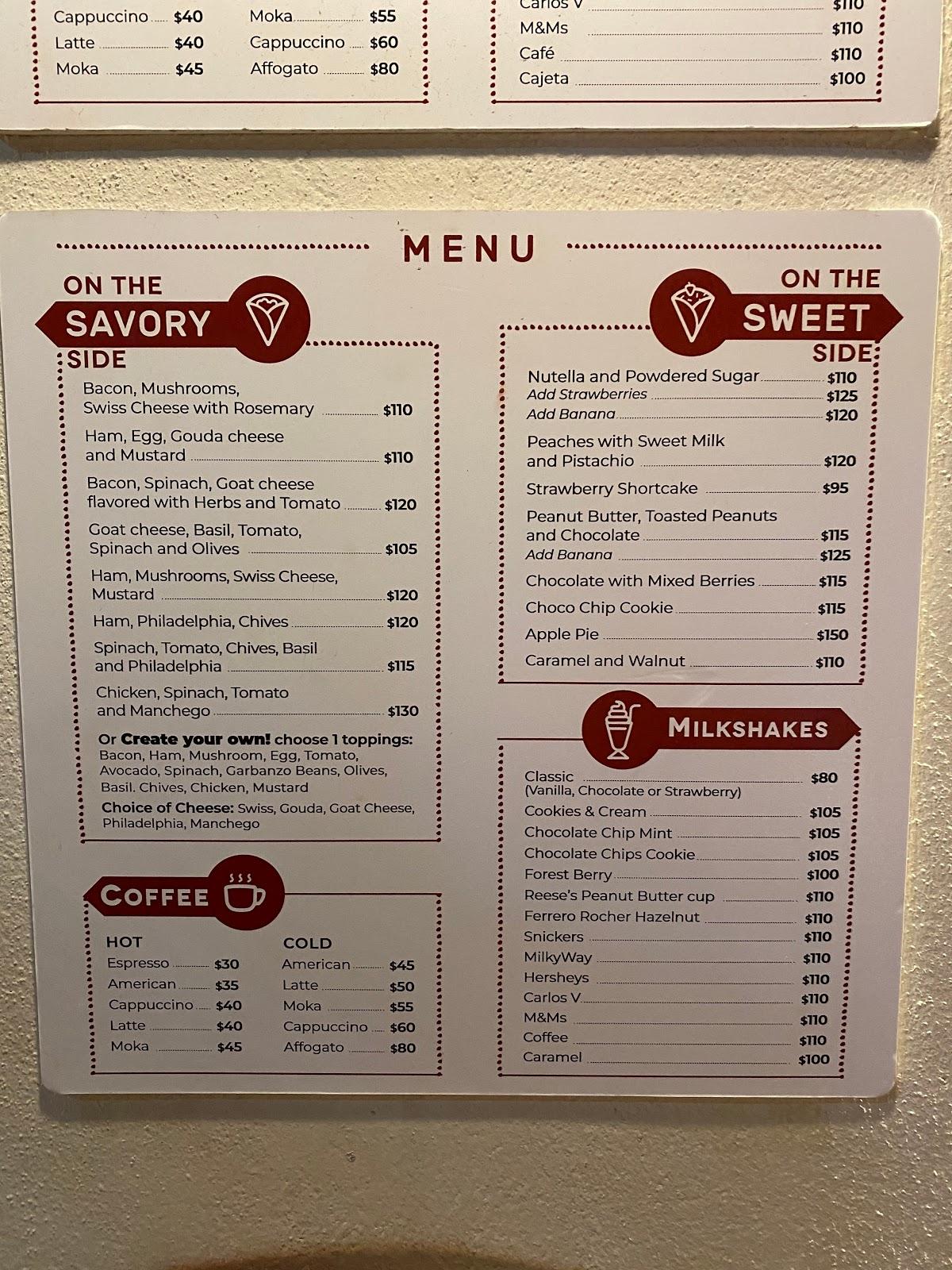 Menu at Crepe Street restaurant, Puerto Morelos