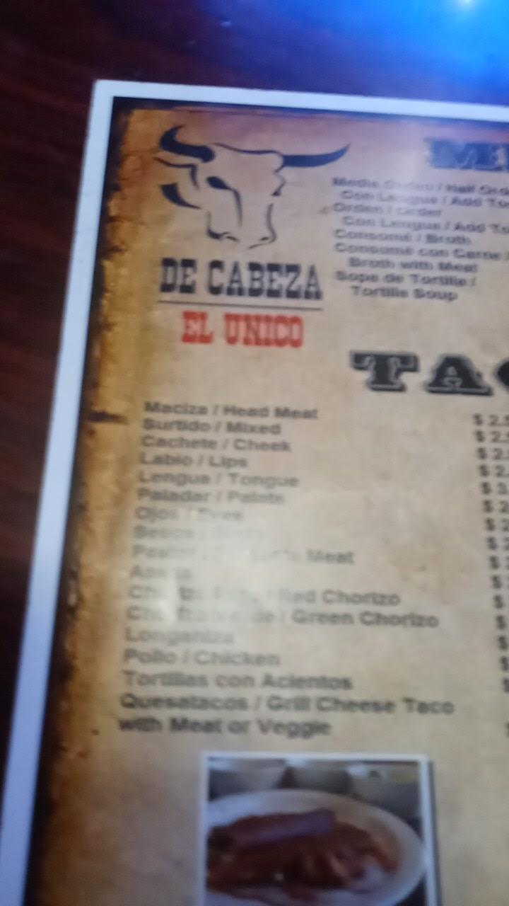 Menu at De Cabeza /El Único restaurant, Chula Vista