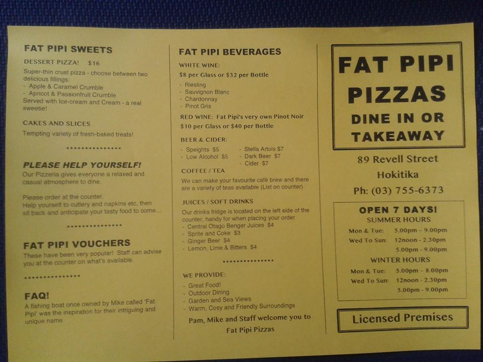 Menu at Fat Pipi Pizza pizzeria, Hokitika