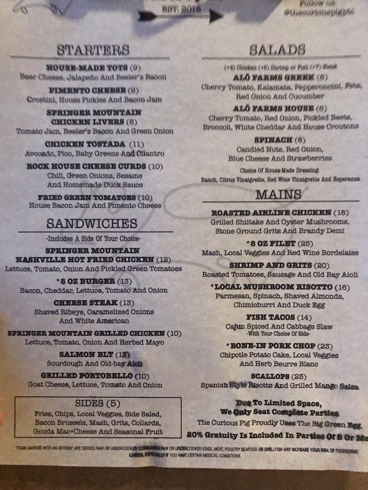 Carta del pub y bar The Curious Pig, Peachtree City