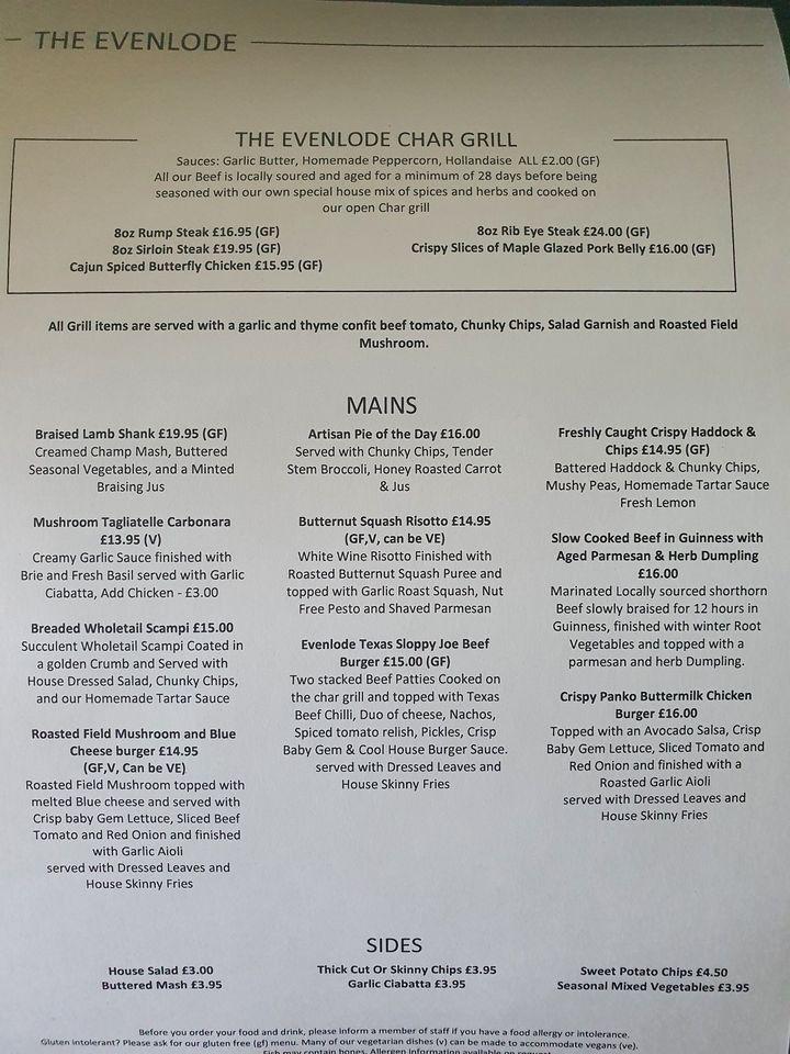 Menu at The Evenlode pub & bar, North Leigh