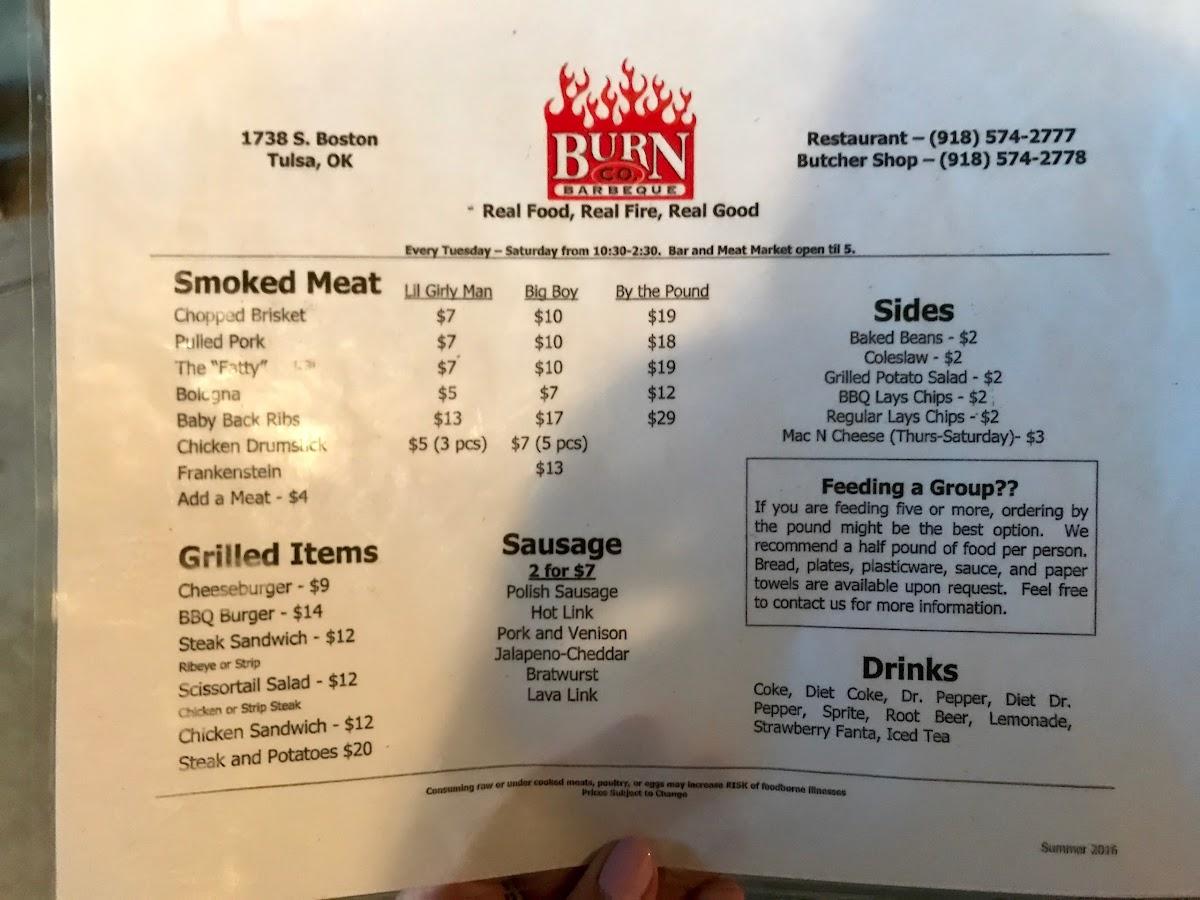 Menu at Burn Co Barbeque, Jenks