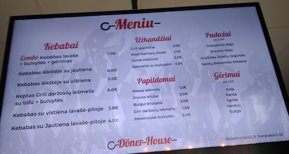 Menu at Doner House restaurant, Vilnius, Trimitų g. 24