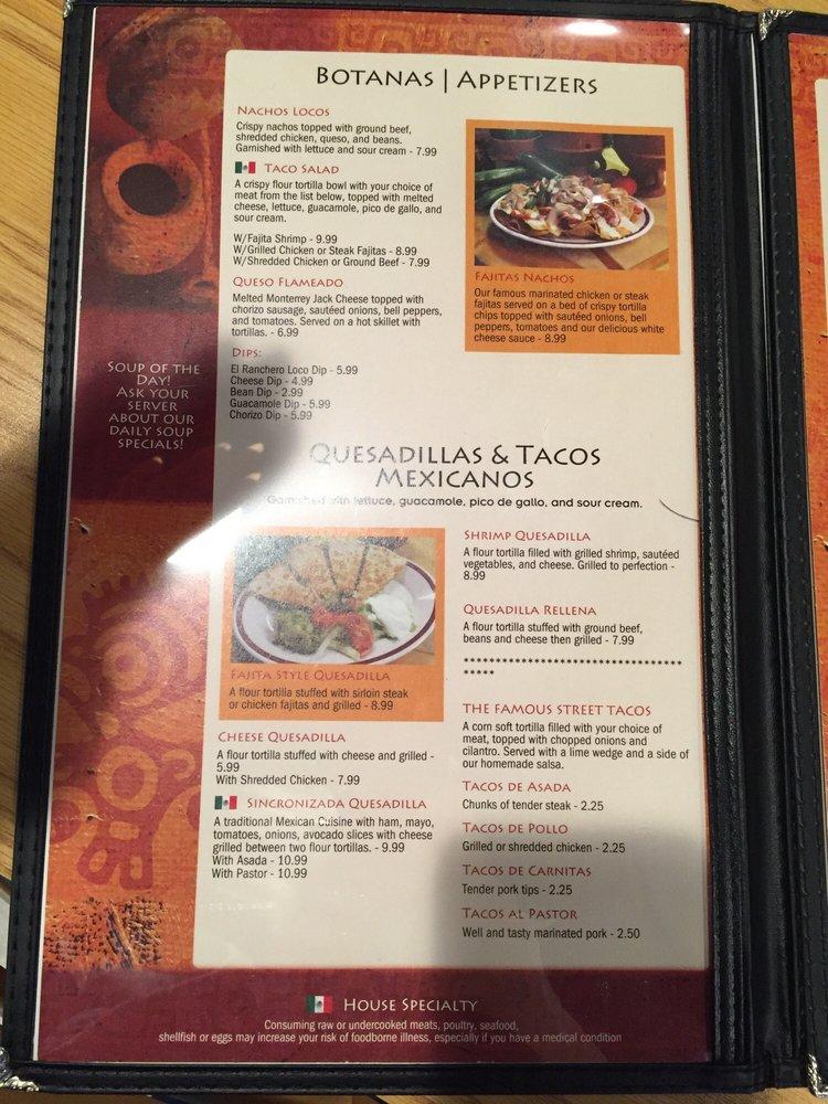 Menu at El Ranchero Loco restaurant, Pigeon Forge